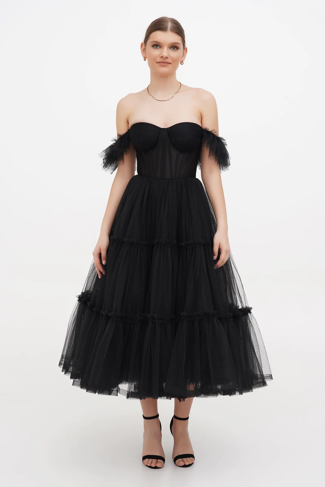 Milla + Black Ruffled Tulle Midi Dress