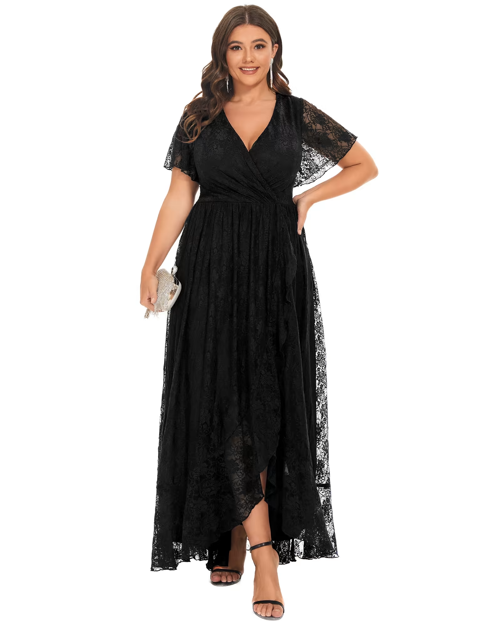 Ever Pretty + Short Sleeve Ruffled V-Neck A-Line Lace Evening Dress