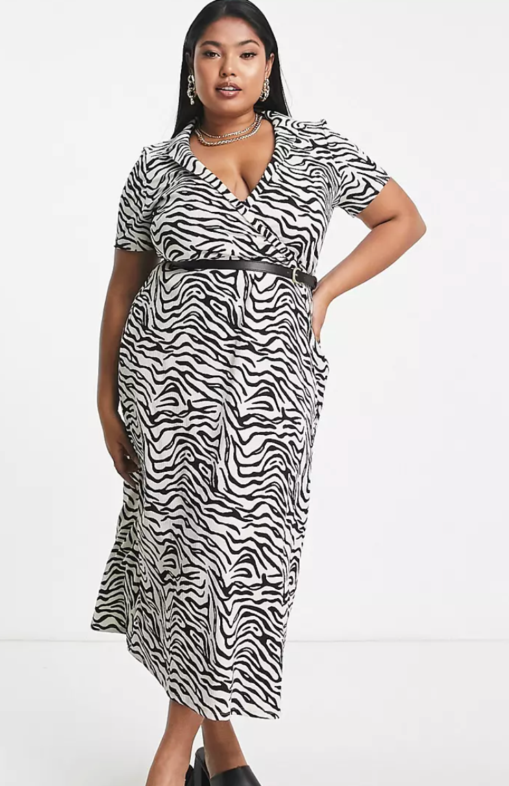 ASOS DESIGN Curve + Short Sleeve Midi Wrap Dress With Belt In Mono Zebra Print