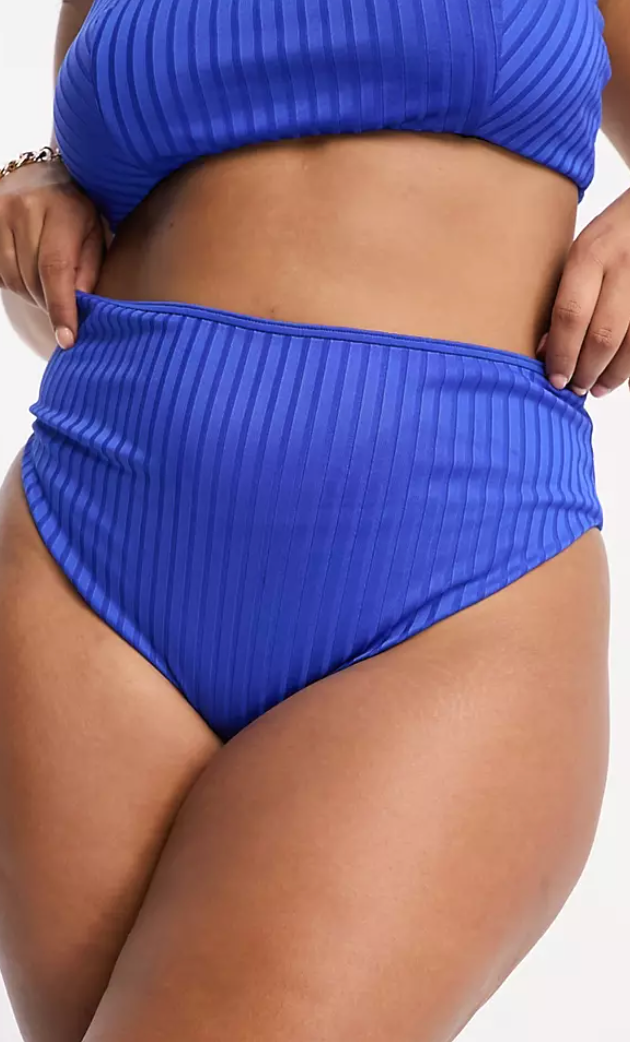 ASOS DESIGN Curve + Rib High Leg High Waist Bikini Bottom In Cobalt Blue