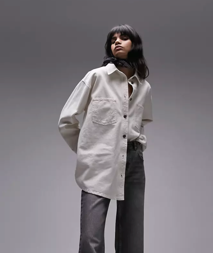 Topshop + Denim Shacket In Ecru