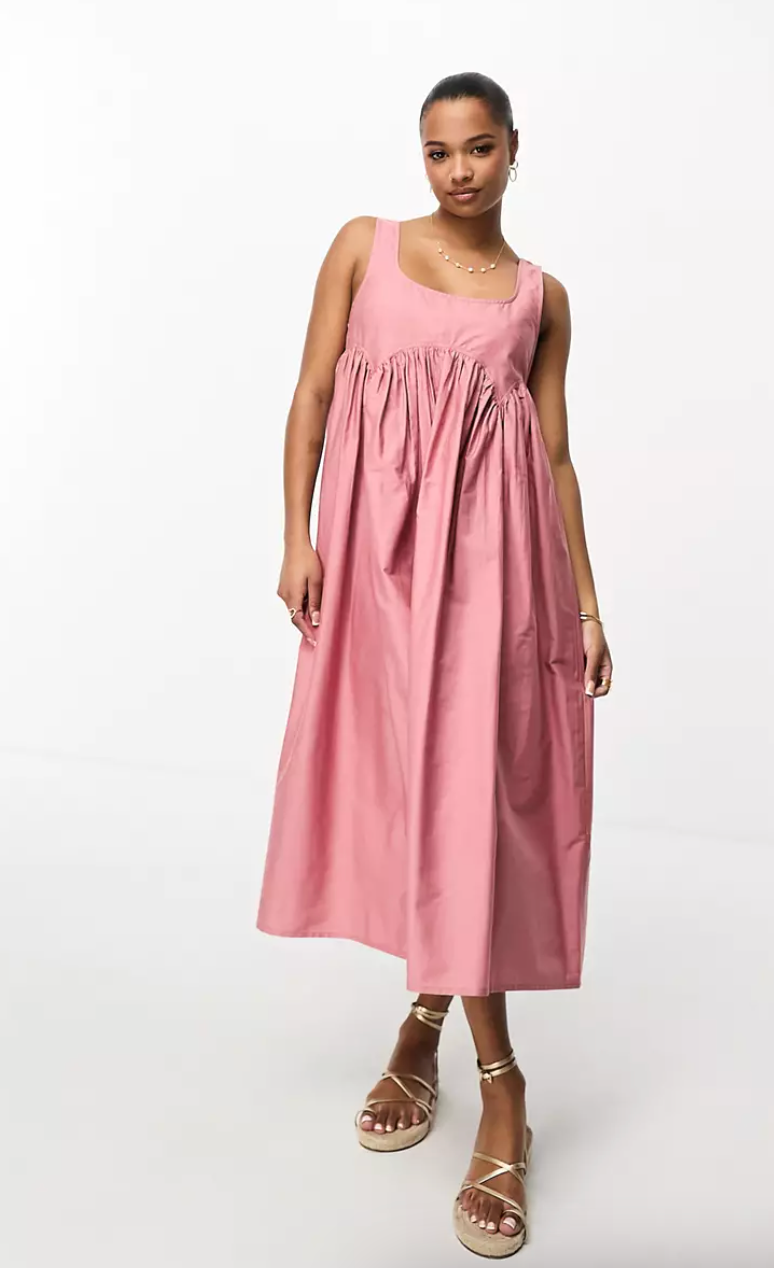 ASOS DESIGN + Petite Square Neck Midi Smock Sundress In Dusky Rose