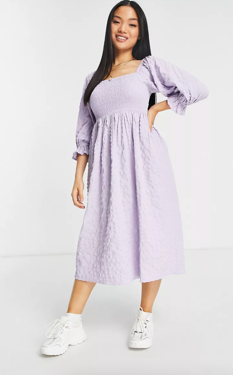 Miss Selfridge + Petite Textured Shirred Midi Dress In Lilac