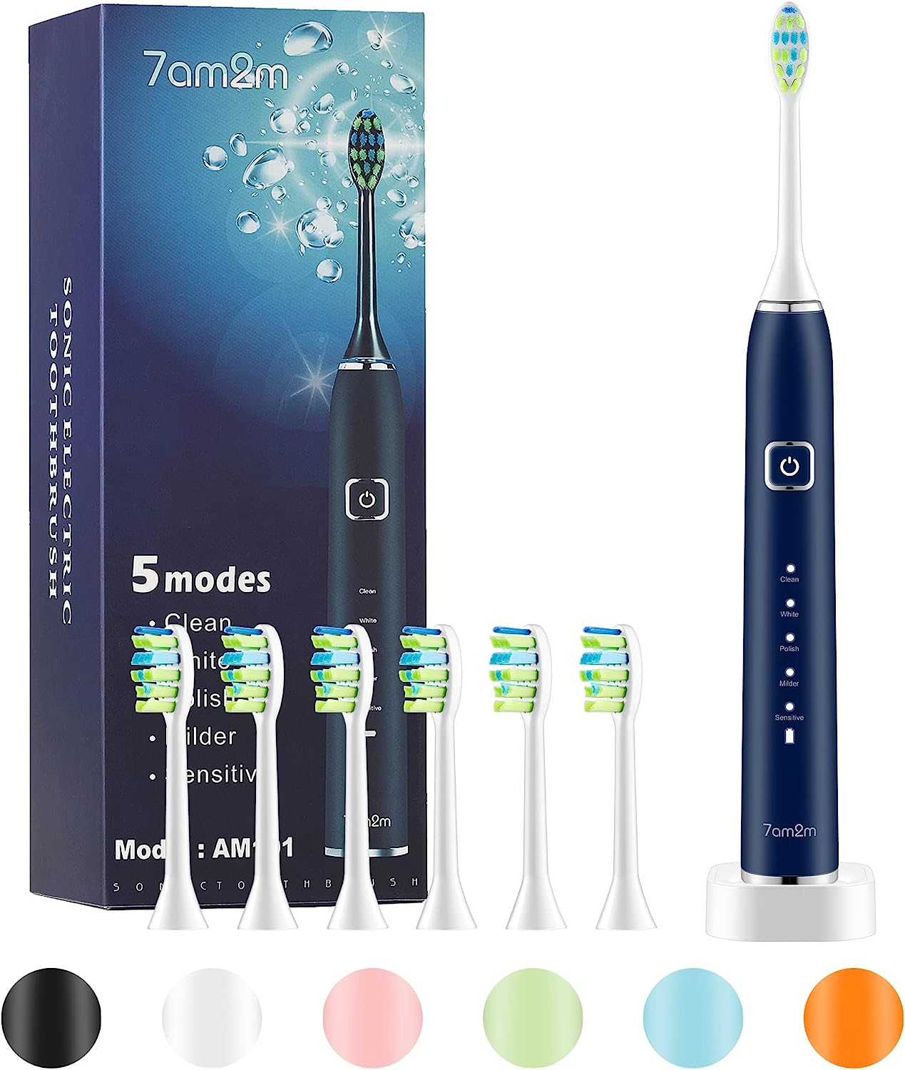 7AM2M + Sonic Electric Toothbrush with 6 Brush Heads for Adults and Kids