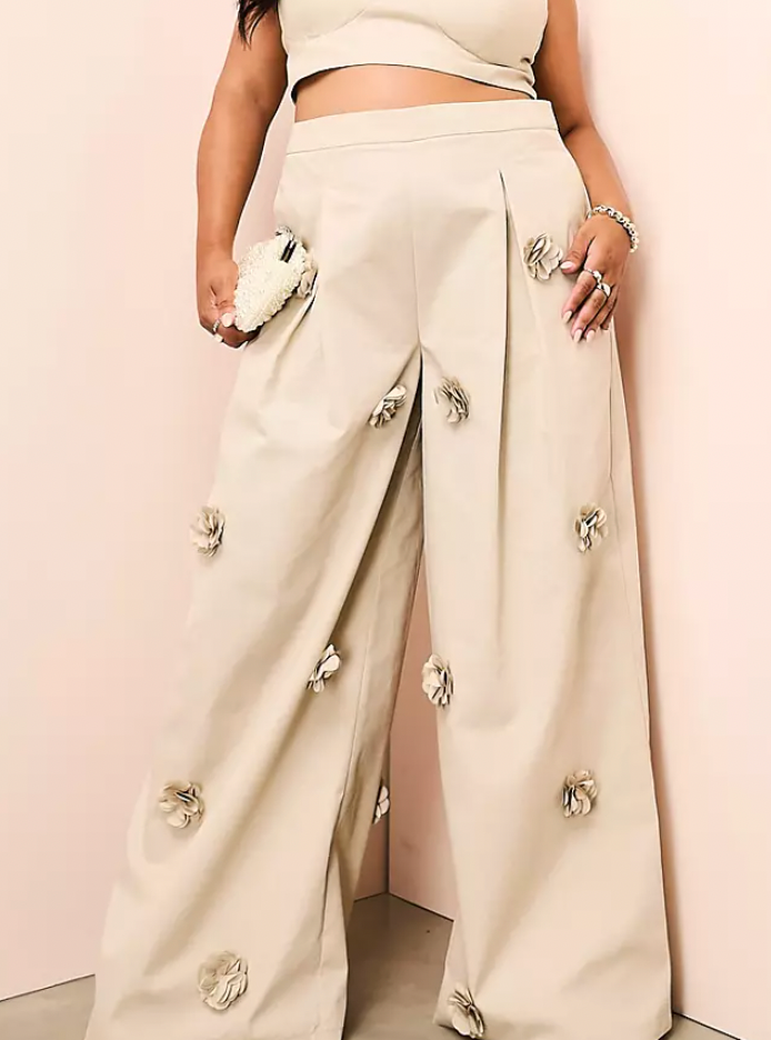 ASOS LUXE Curve + 3 Pieced 3D Flower High Waist Wide Leg Pants In Stone