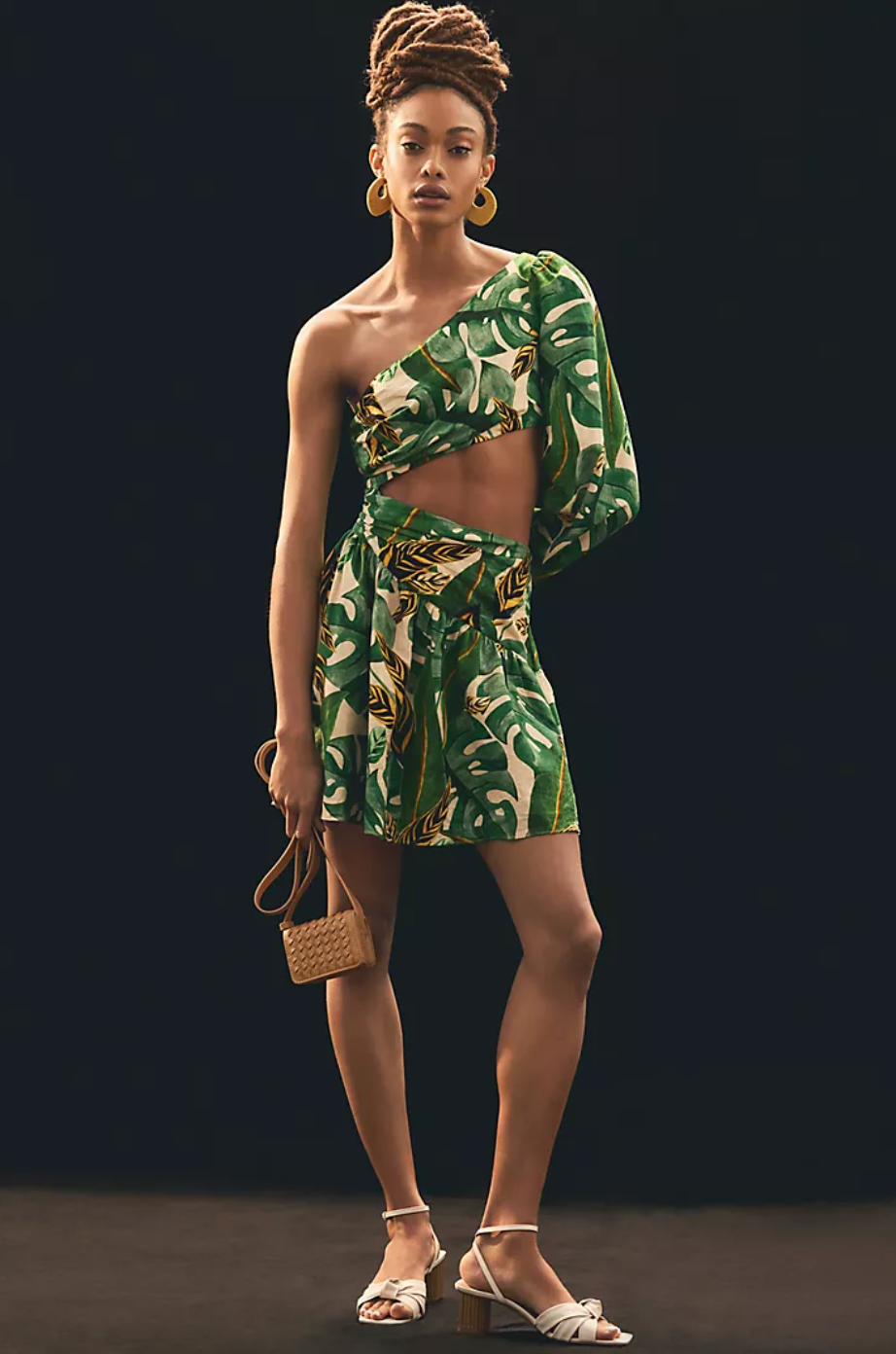 Farm Rio + Tropical Leaves One-Shoulder Cutout Dress