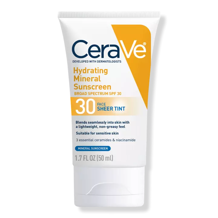 CeraVe + Hydrating Mineral Sunscreen Lotion for Face with Sheer Tint SPF 30