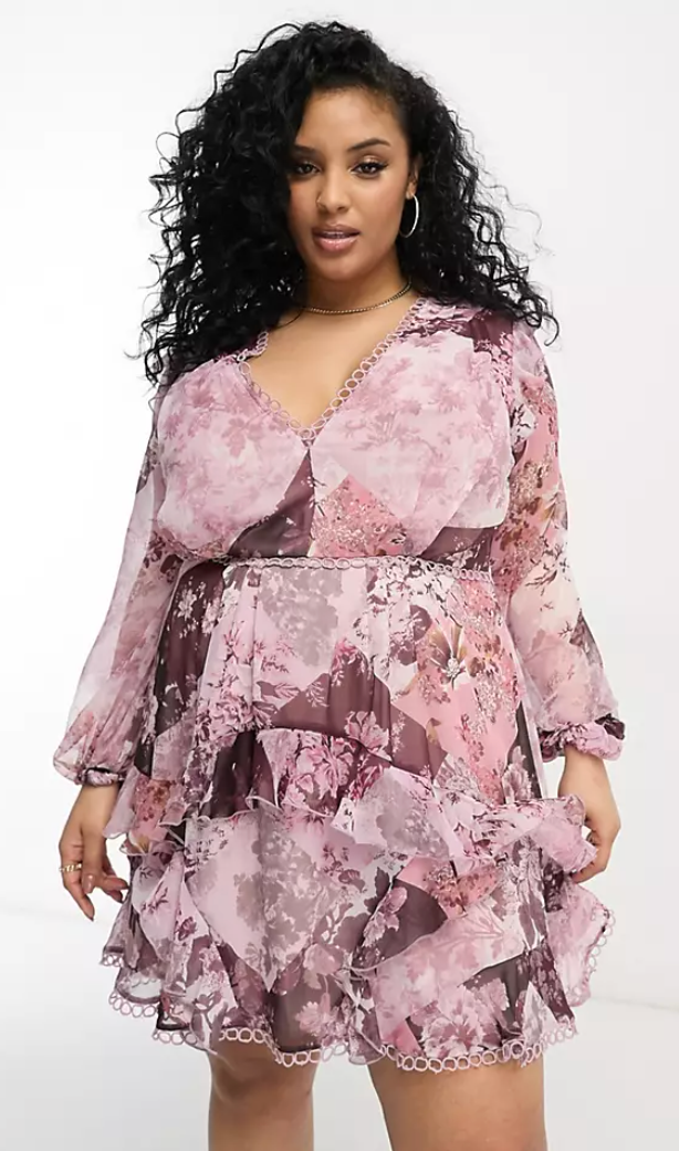 ASOS DESIGN Curve + Long Sleeve Floral Print Patchwork Mini Dress