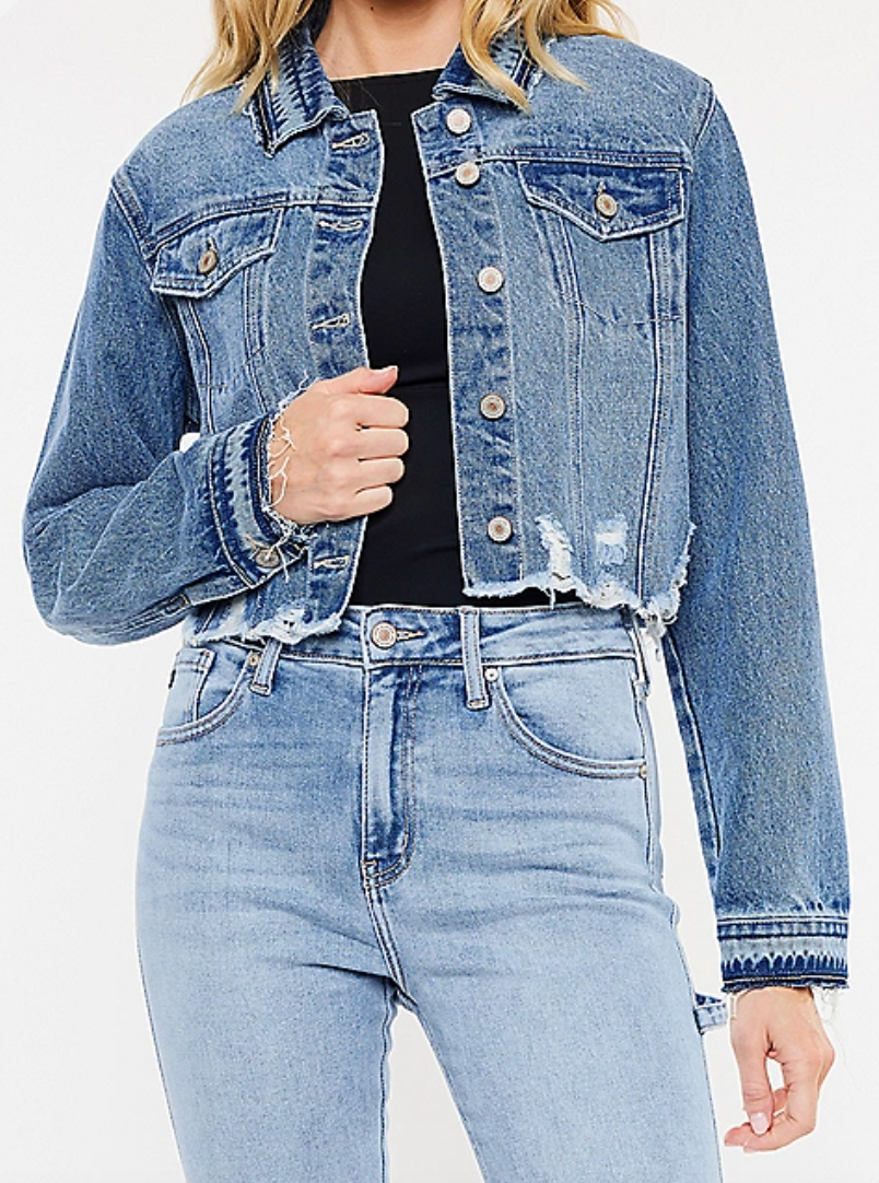 KanCan + Ripped Hem Cropped Denim Jacket