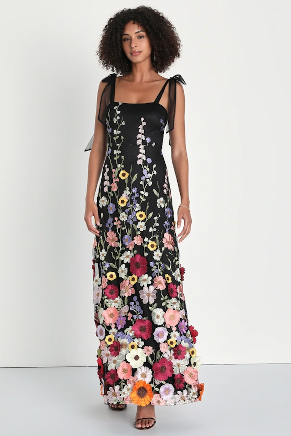 Lulus Thriving Poise Black 3d Floral Embroidered Tie Strap Maxi Dress