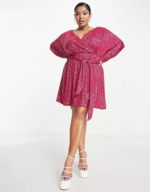 ASOS DESIGN Curve + Sequin Wrap Mini Dress With Belt In Pink