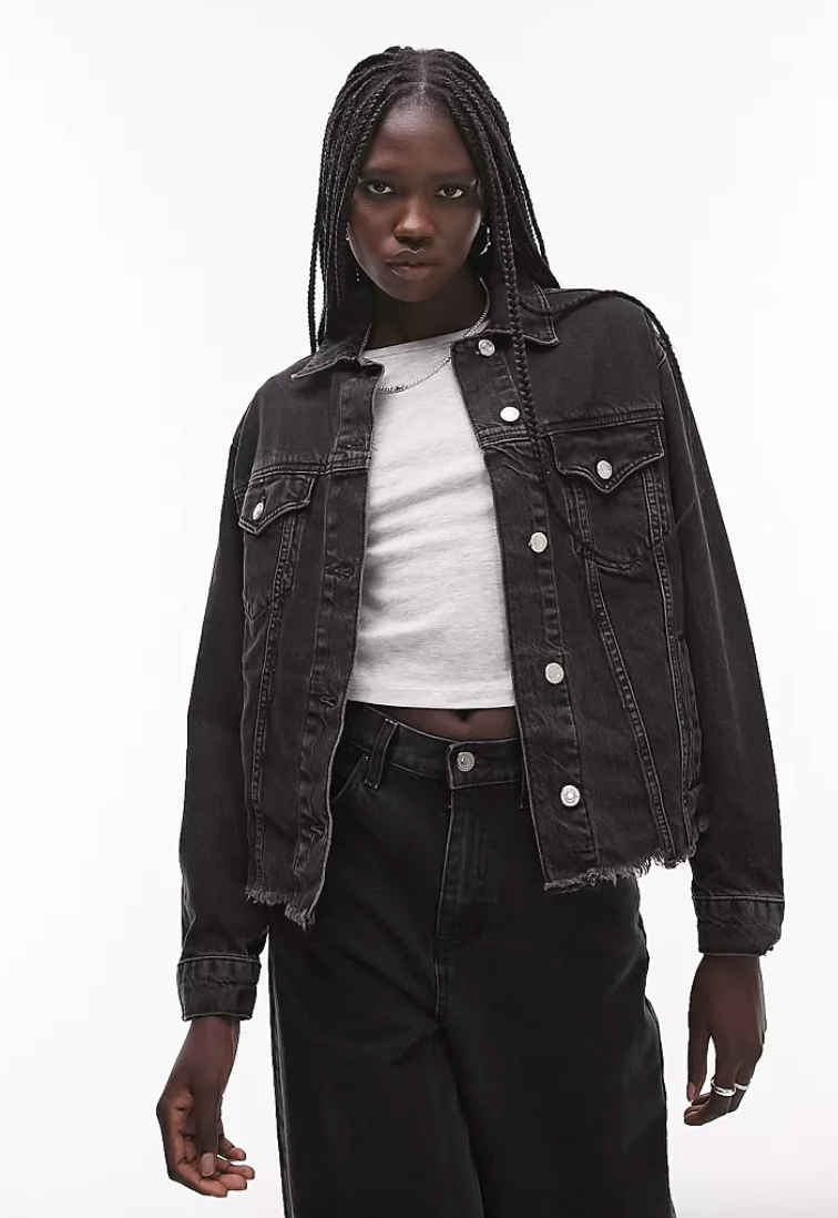 Topshop + Raw Hem Oversized Denim Jacket In Washed Black