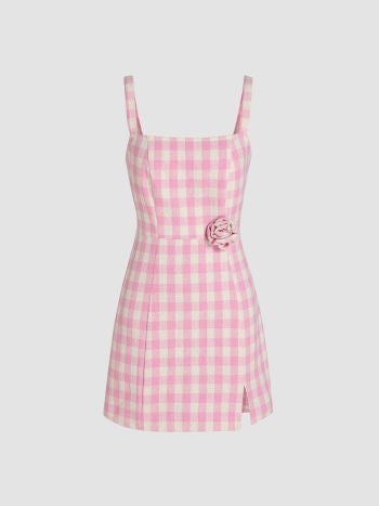 Cider + Square Neck Rosette Check Split Mini Dress