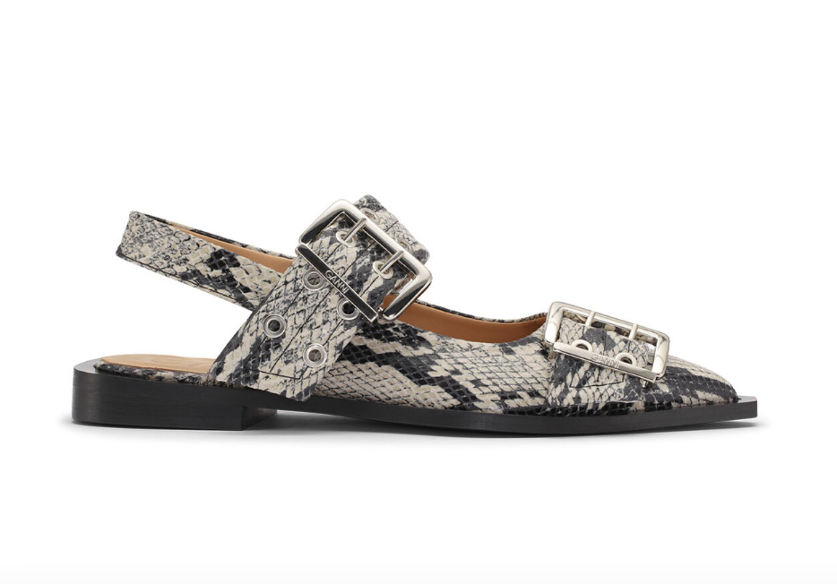 Ganni + Snake Printed Chunky Buckle Ballerinas