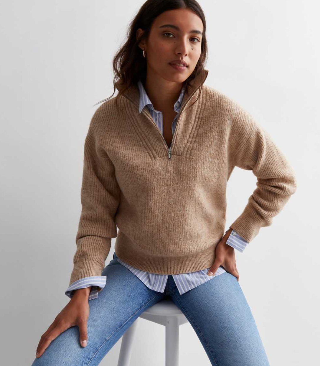 New Look + Camel Knit Zip Neck Jumper