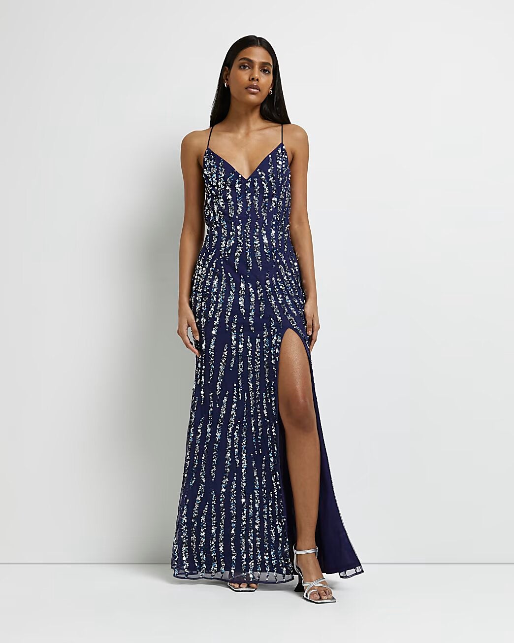 River Island + Navy Sequin Maxi Dress