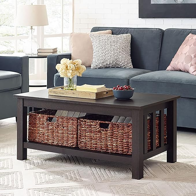 Walker Edison + Alayna Mission Style Two Tier Coffee Table With Rattan ...