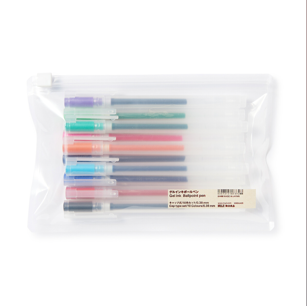Muji + Gel Ink Ballpoint Cap Type Pen – Set of 10 (0.38) Colour