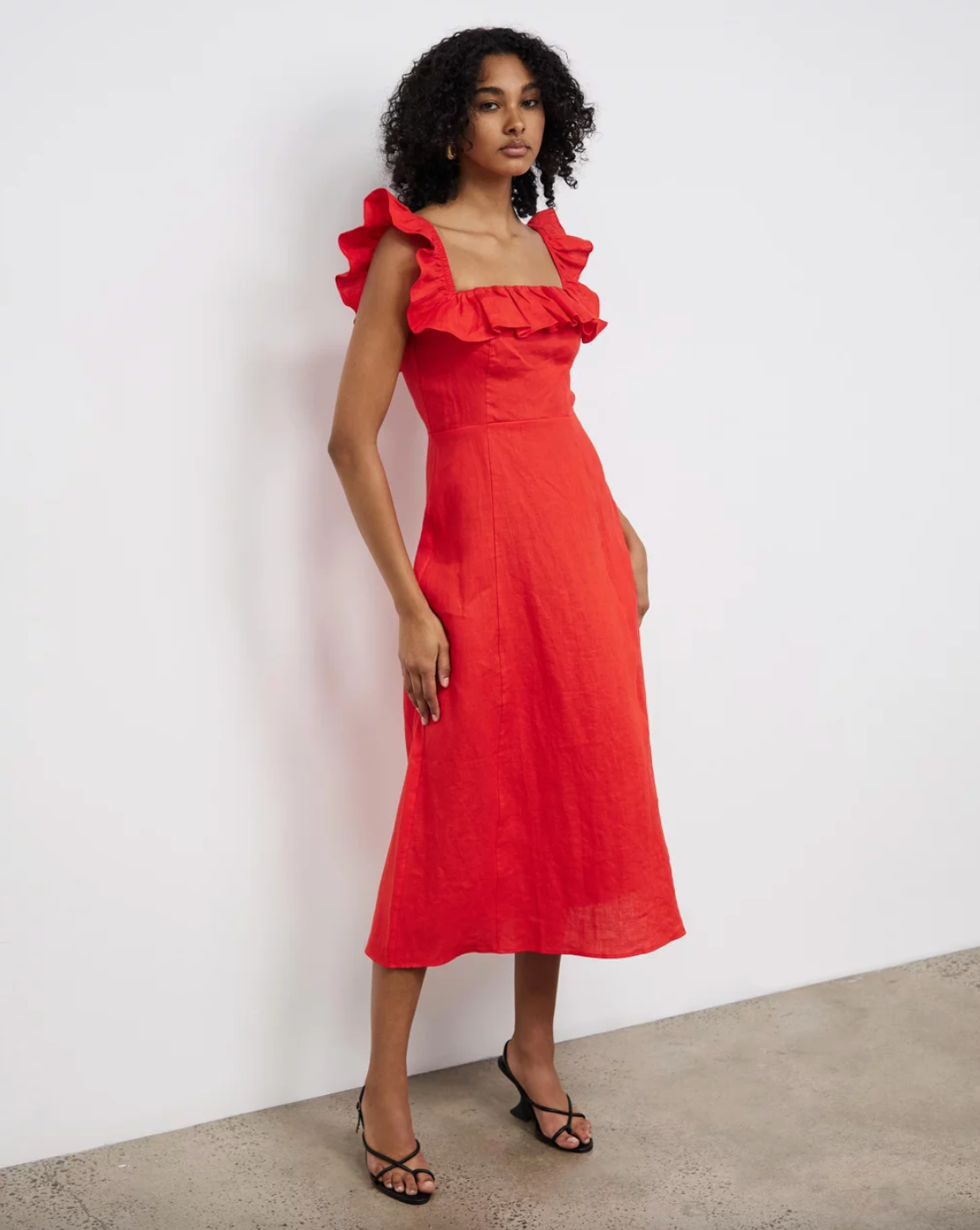& Other Stories + Ruffle Neck Linen Midi Dress