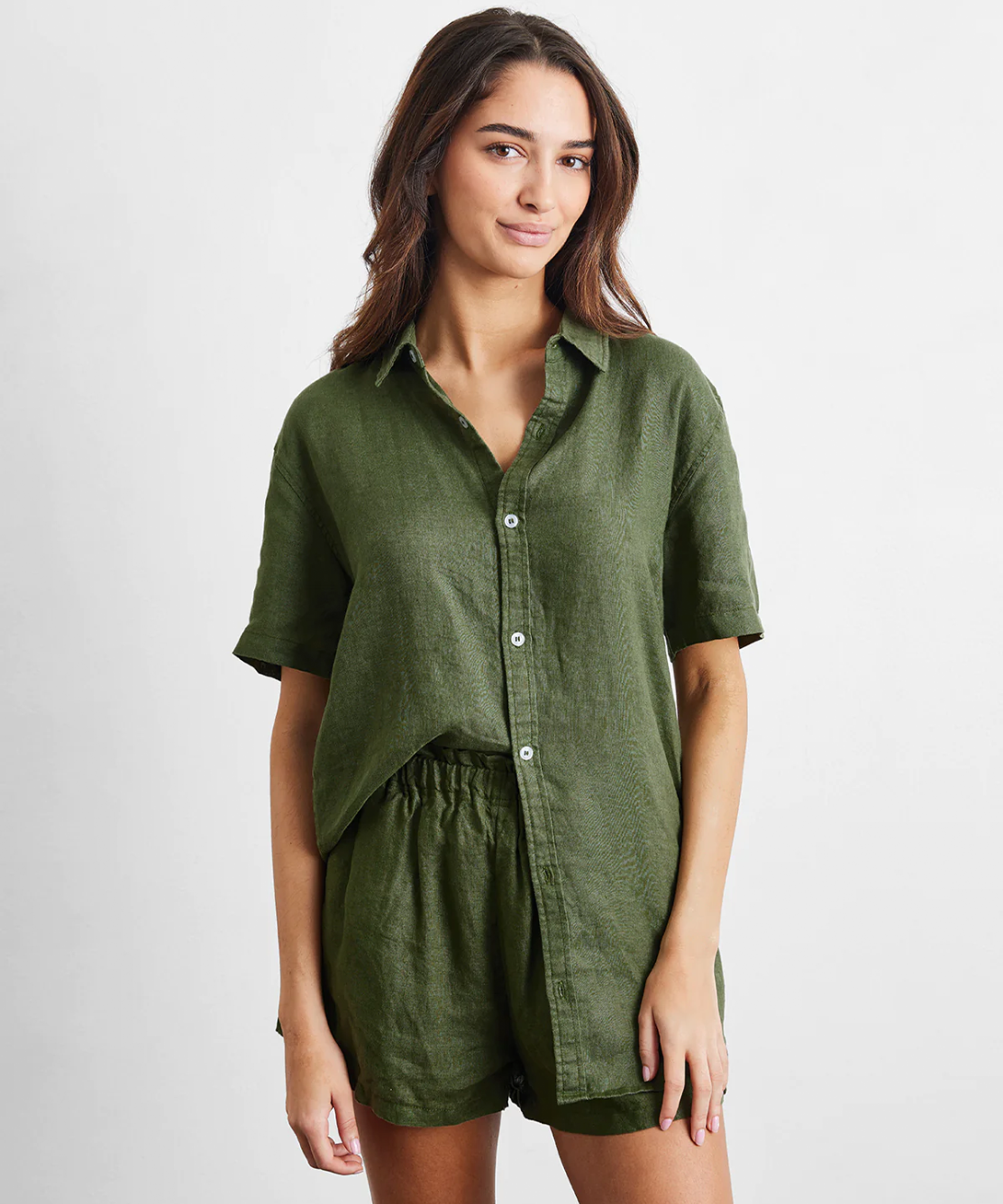 Bed Threads + Olive 100% French Flax Linen Short Sleeve Shirt