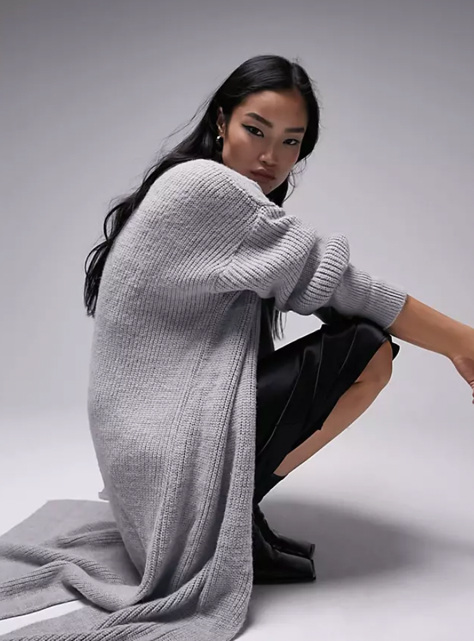 Topshop + Knitted Maxi Cardigan In Gray