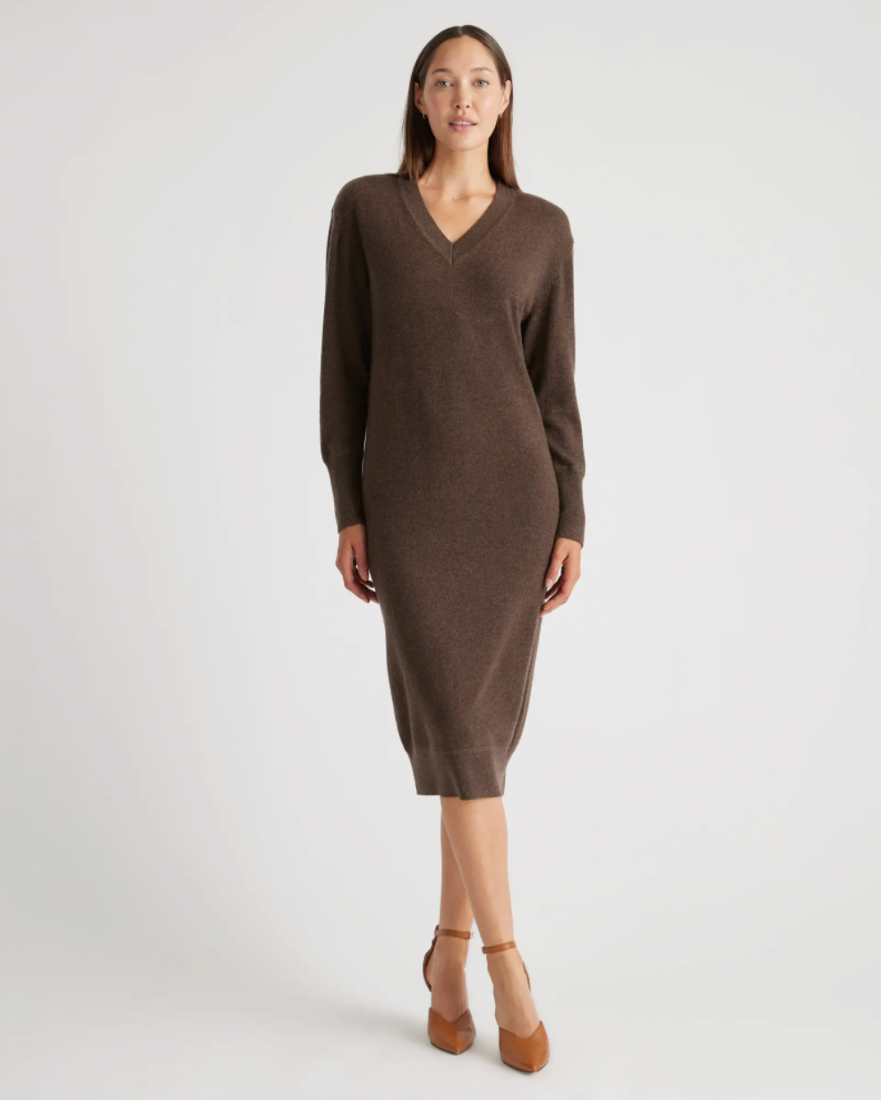 Quince + Mongolian Cashmere V-Neck Midi Sweater Dress
