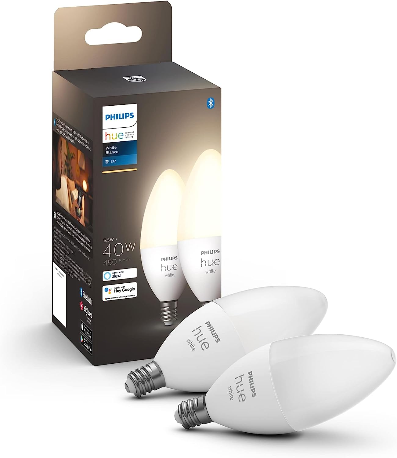 Philips + Hue Smart 40W B39 Candle-Shaped LED Bulb