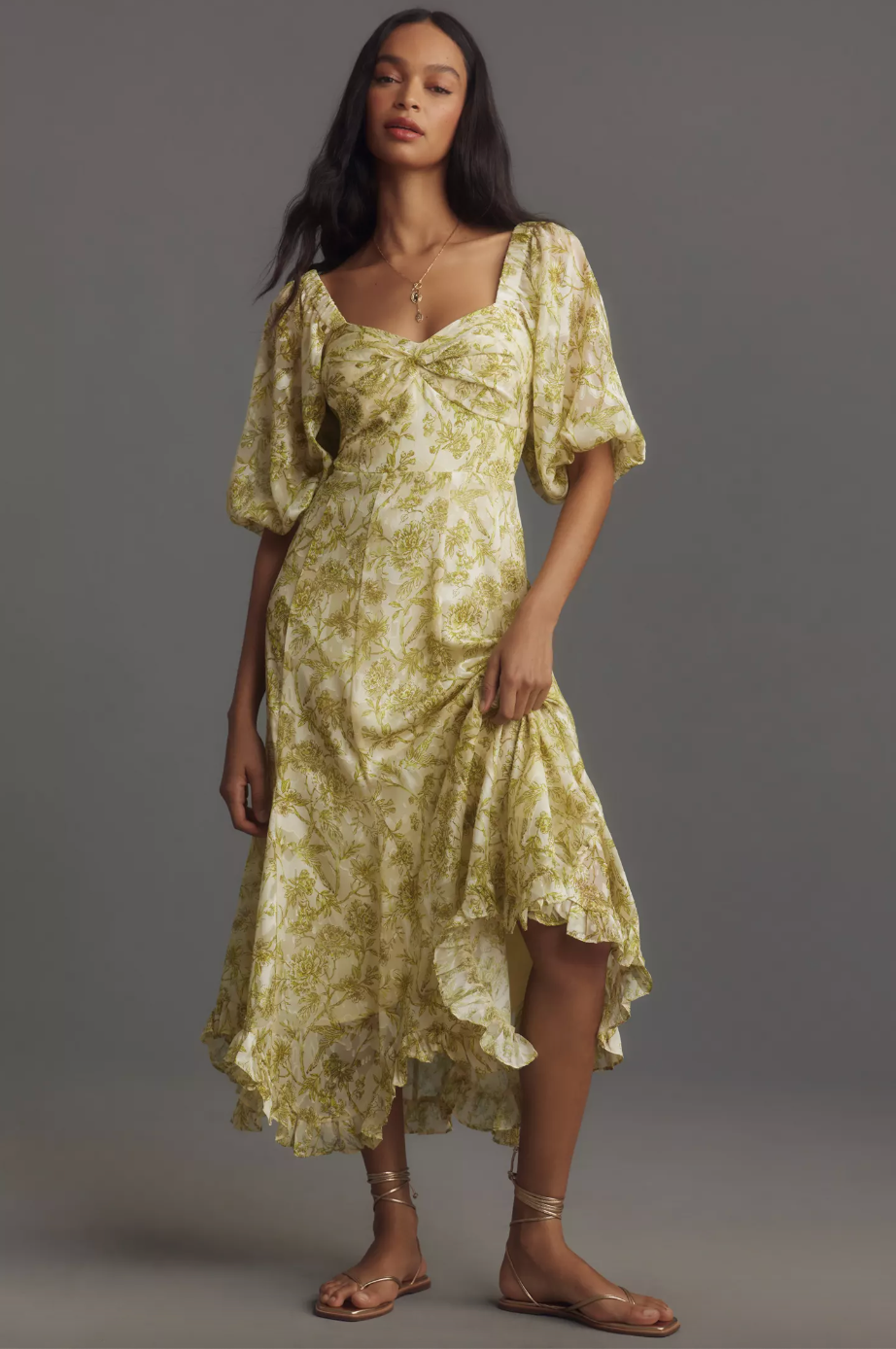 Hutch + Printed Twist-Front Puff-Sleeve Ruffle-Hem Dress