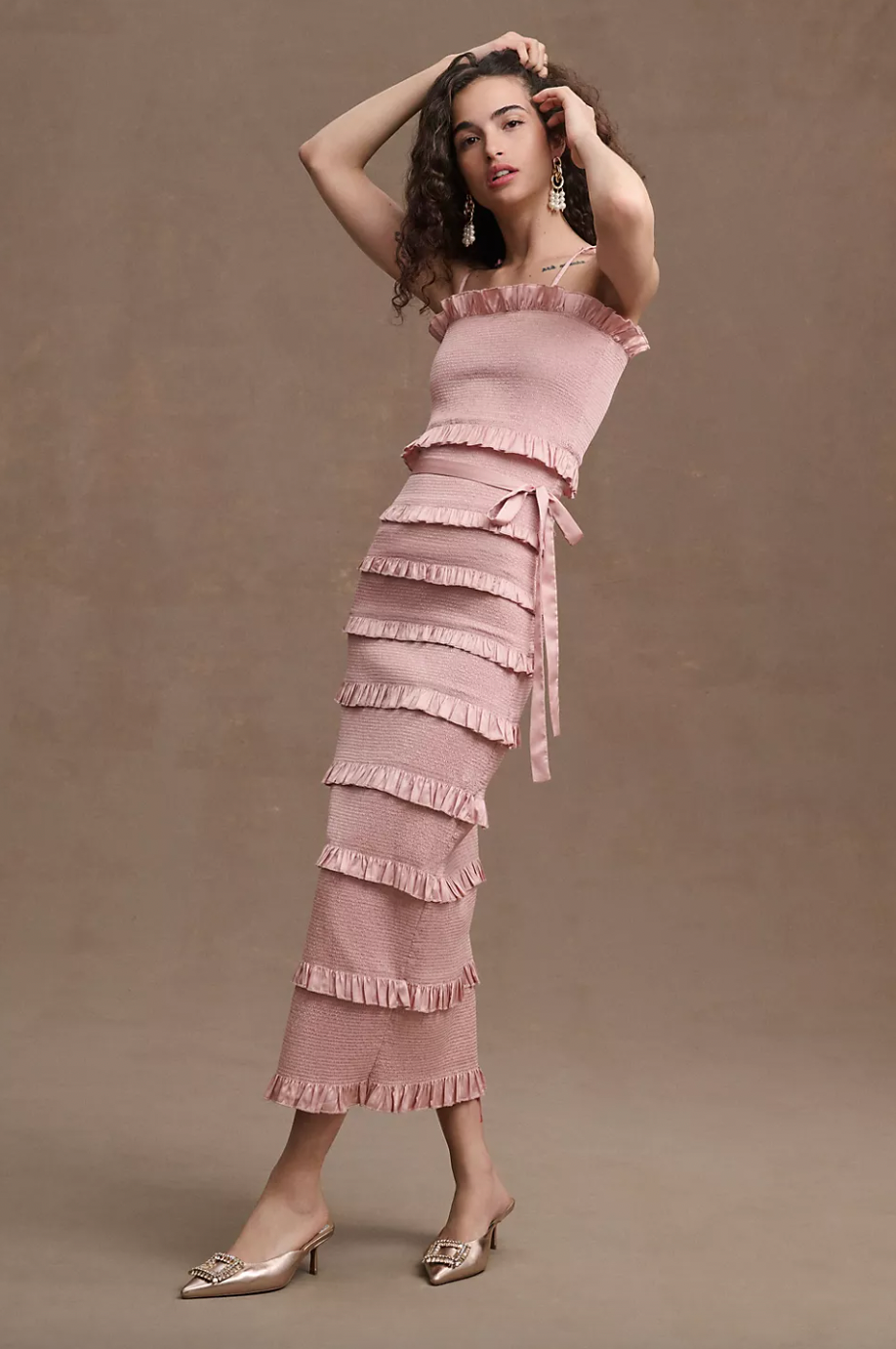 V. Chapman + Lily Ruched & Ruffled Stretch Midi Dress