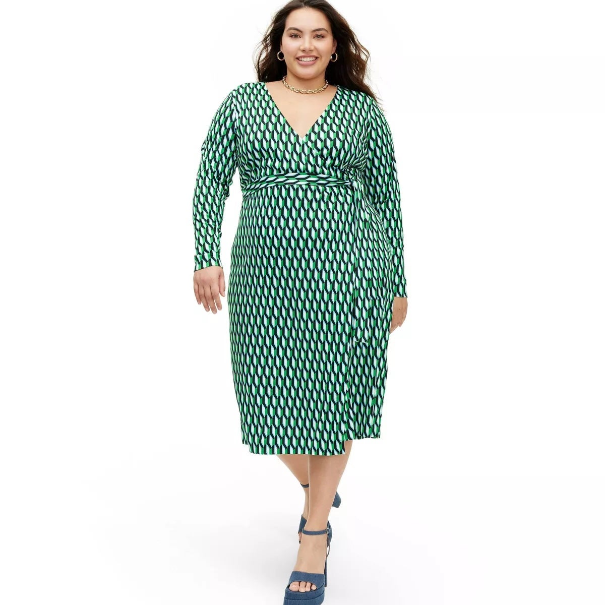 DVF For Target + Long Sleeve Midi Arrow Geo Green Wrap Dress