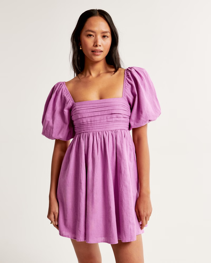 Abercrombie And Fitch Emerson Linen Blend Puff Sleeve Mini Dress