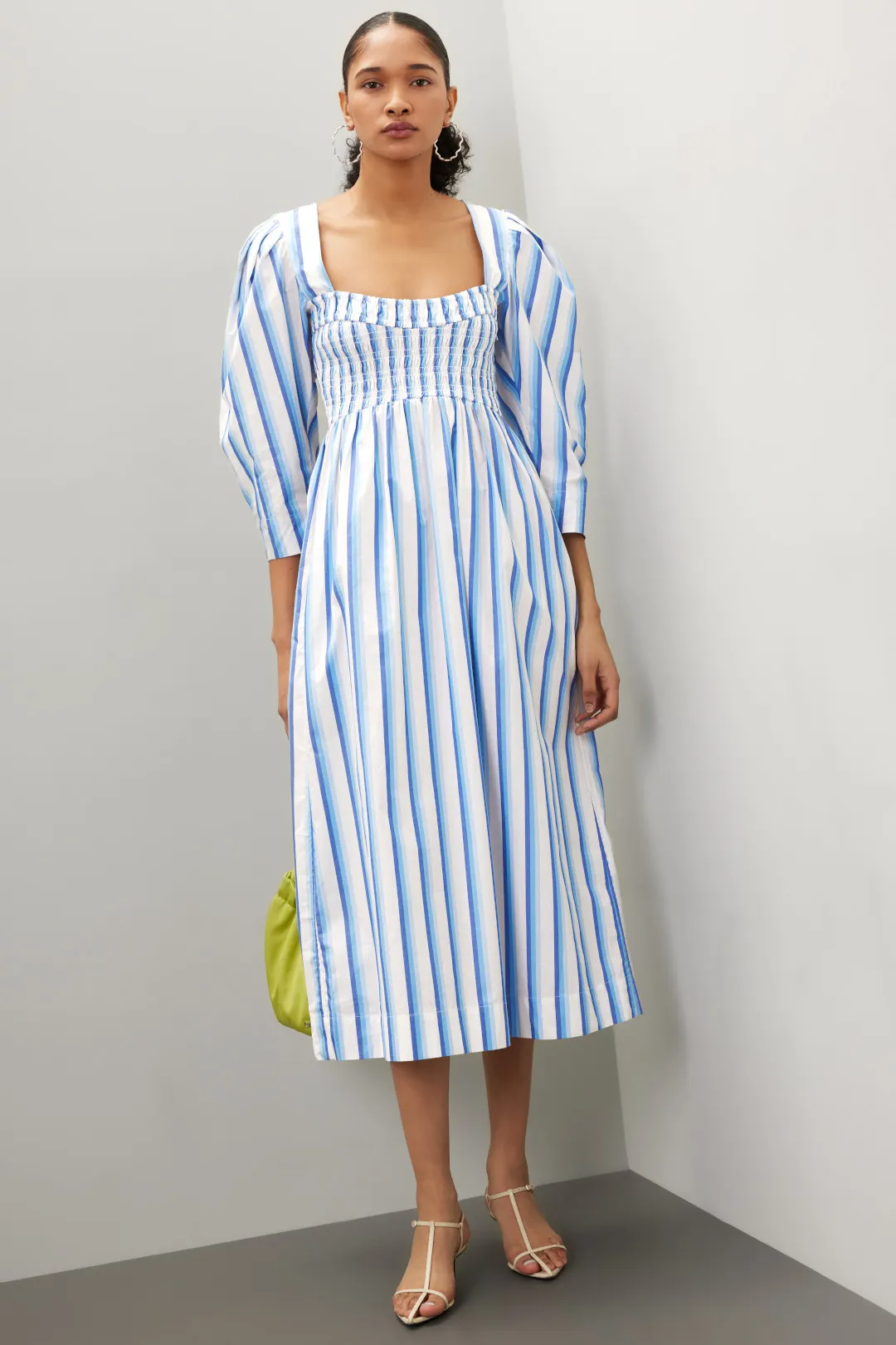 Ganni + Blue Striped Cotton Smock Midi Dress