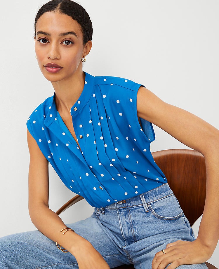 Ann Taylor + Dotted Shirred Button Top