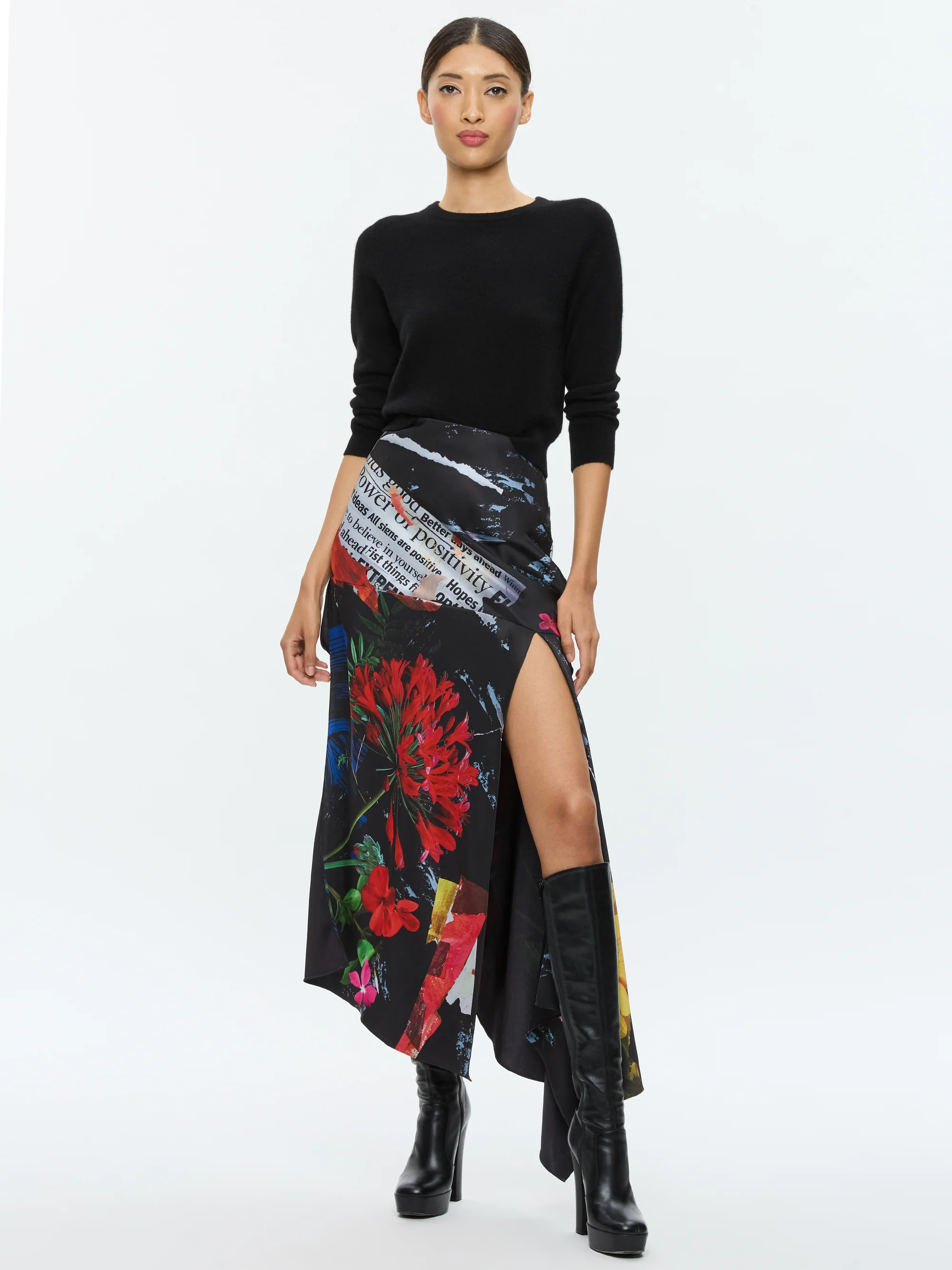 Alice + Olivia + Ayla Asymmetric High Slit Midi Skirt