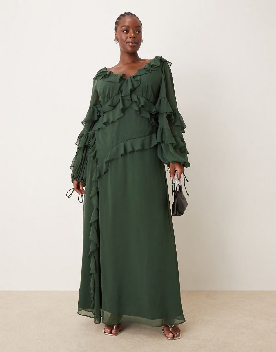 ASOS DESIGN Curve + Long Sleeve Ruffle Asymmetric Maxi Dress