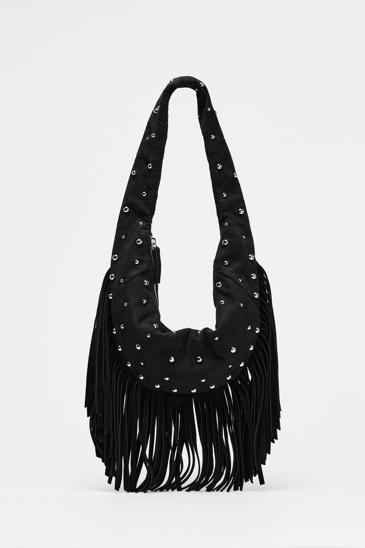 Zara + Oval Studded Fringed Bag