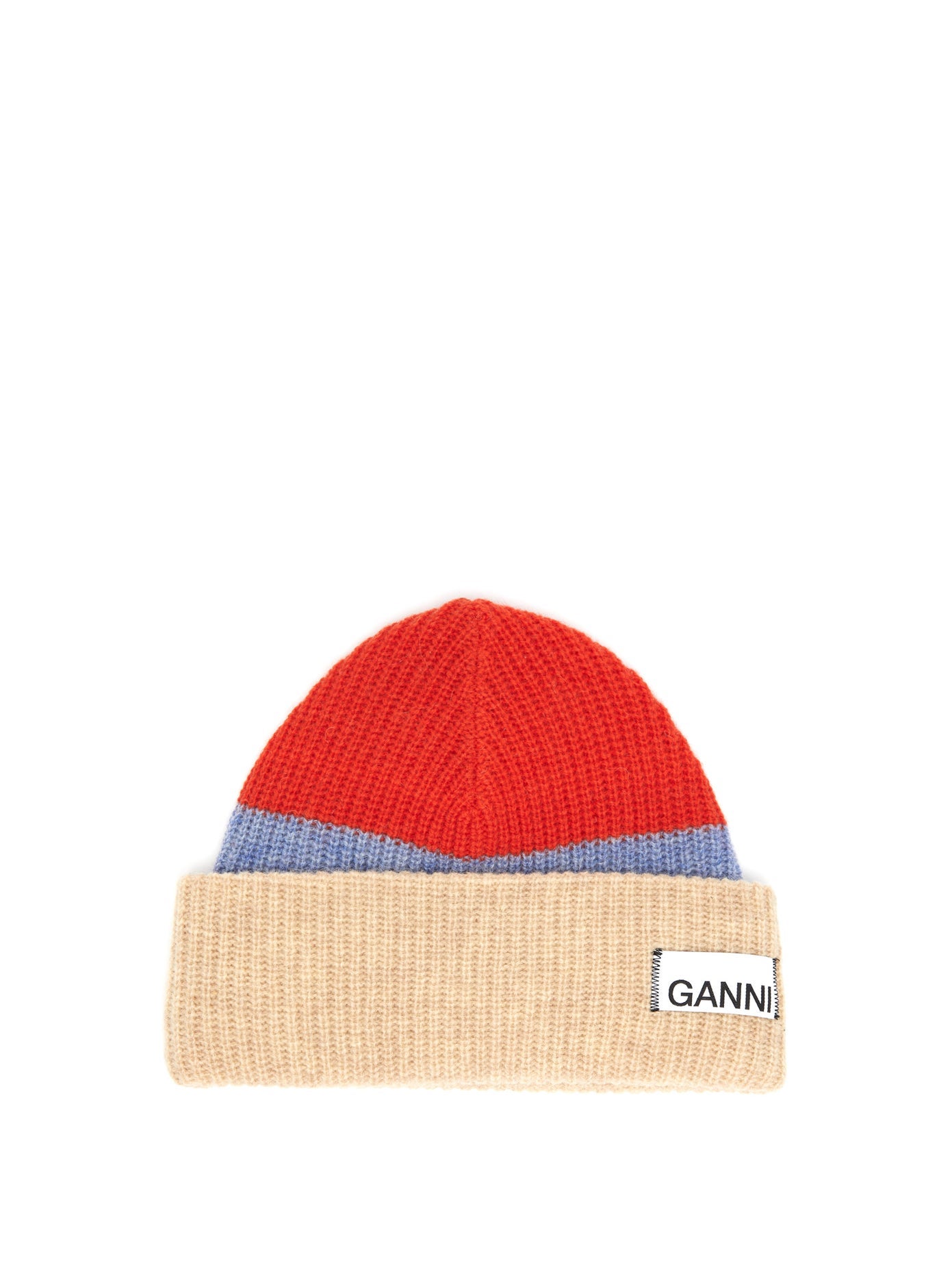 Ganni + Logo-patch colour-block wool-blend beanie hat