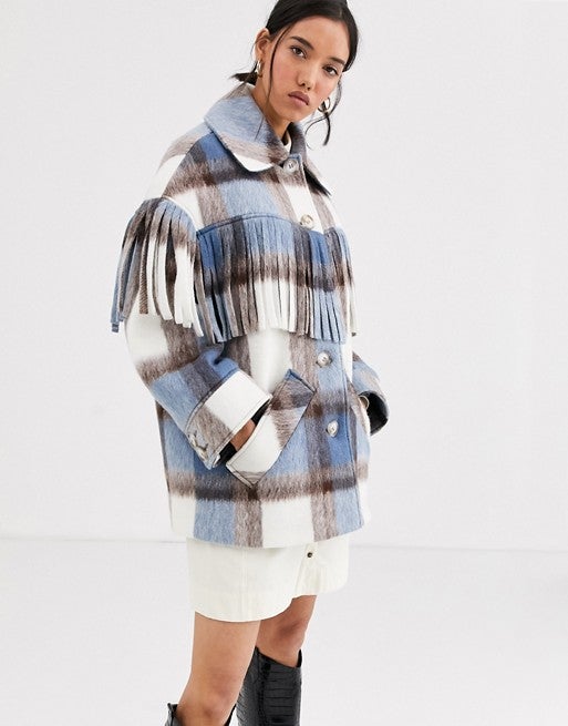 ASOS WHITE + ASOS WHITE wool check fringed Coat