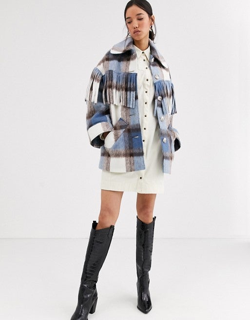 ASOS WHITE + Wool Check Fringed Coat
