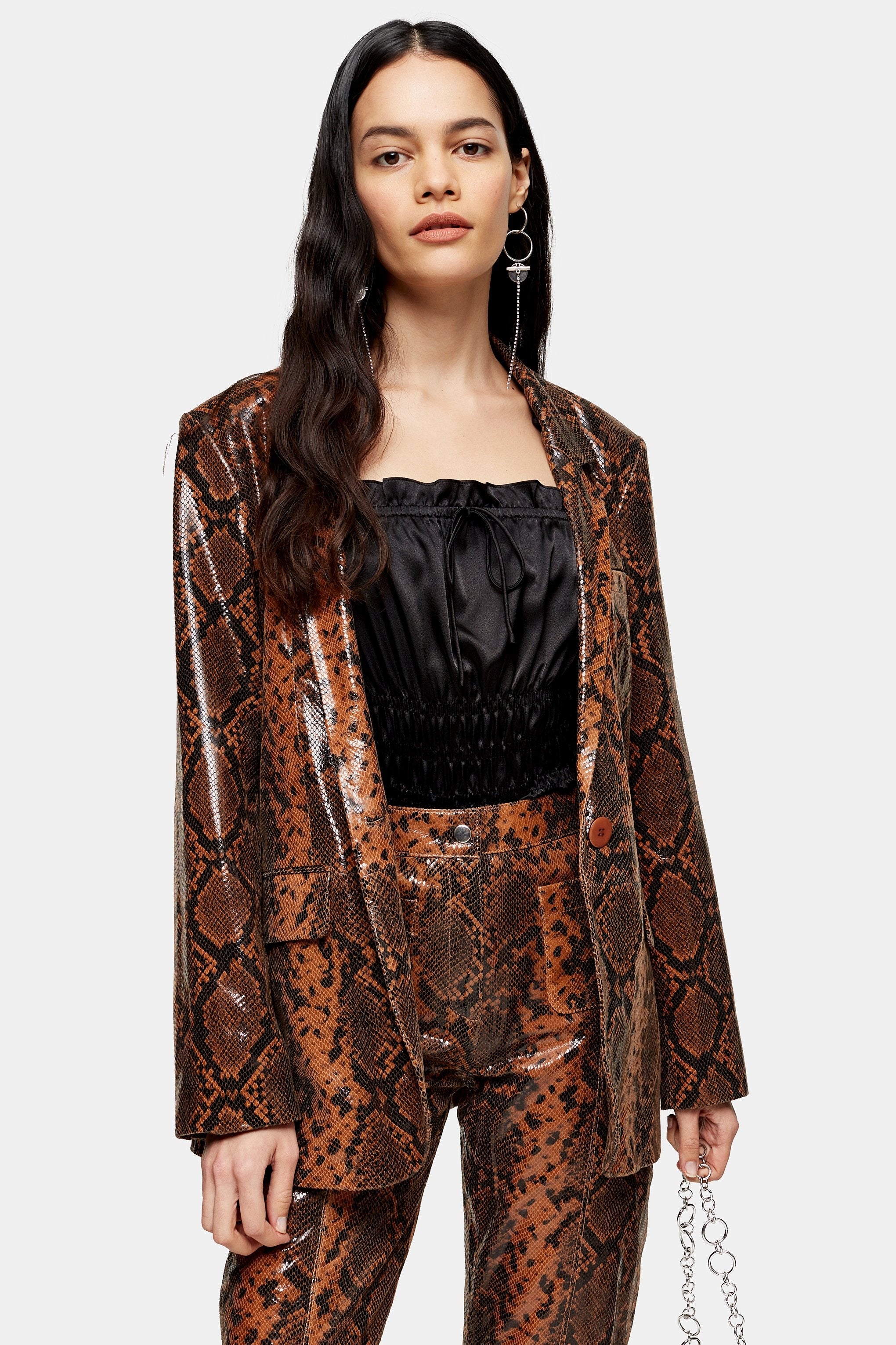 Topshop + Brown Leather Snake Blazer