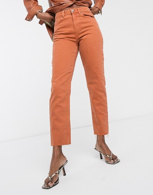 ASOS DESIGN + Mom Jean In Rust With Raw Hem Detail