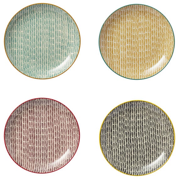 Oka + Set of Four Herrinko Patterned Stoneware Dinner Plates